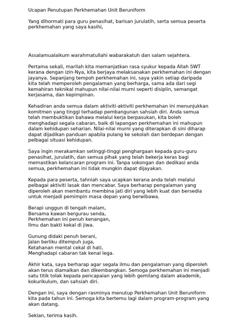 Ucapan Penutupan Perkhemahan Unit Beruniform | PDF