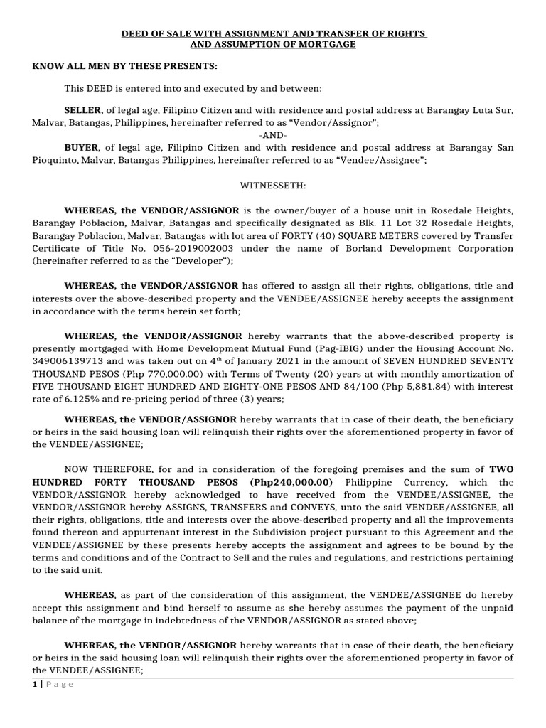 Deed of Sale and Assignment Agreement | PDF | Assignment (Law) | Civil ...