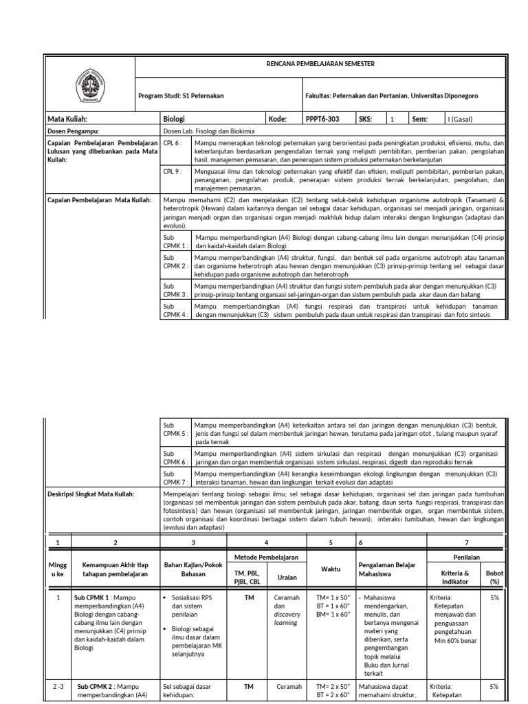 RPS Biologi S1 Peternakan UNDIP | PDF