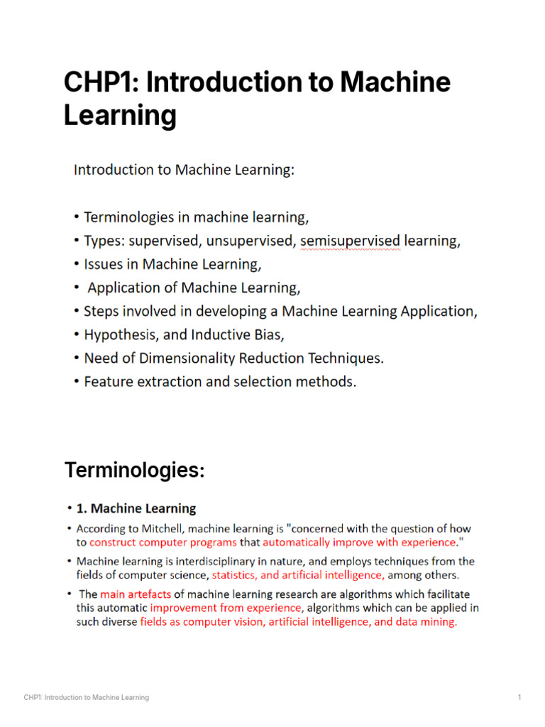 CHP1 Introduction To Machine Learning | PDF | Machine Learning | Artificial Neural Network