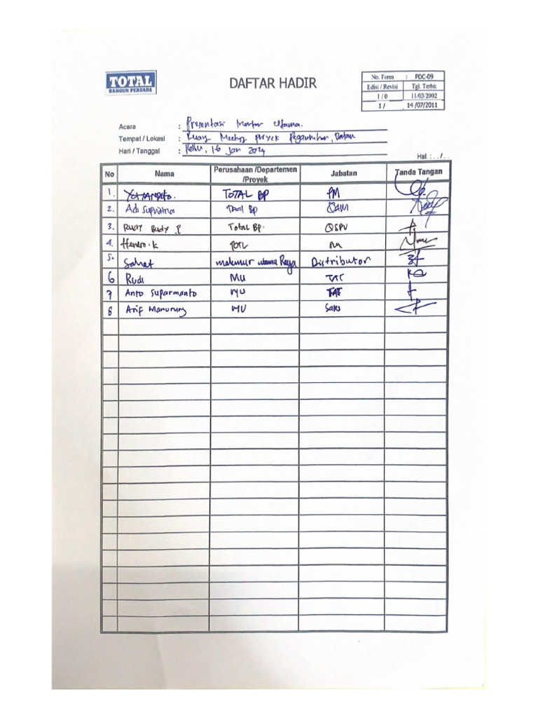 Daftar Hadir & Notulen Presentasi Mortar Utama | PDF