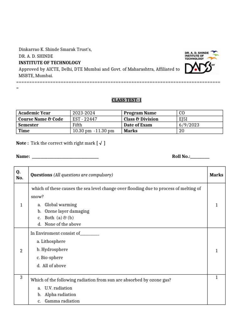 15.class Test-1 Question Paper-EST | PDF | Hydroelectricity | Renewable ...