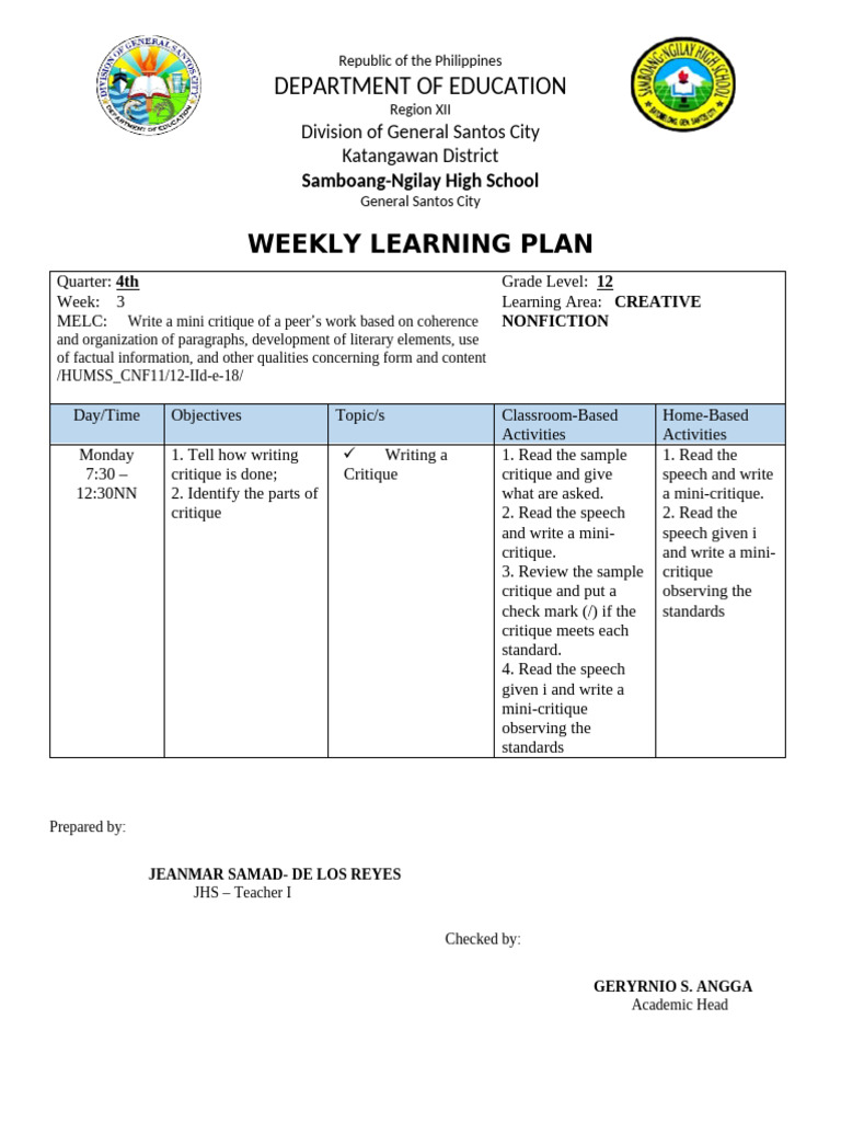 Weekly Learning Plan for Creative Nonfiction | PDF | Essays | Learning