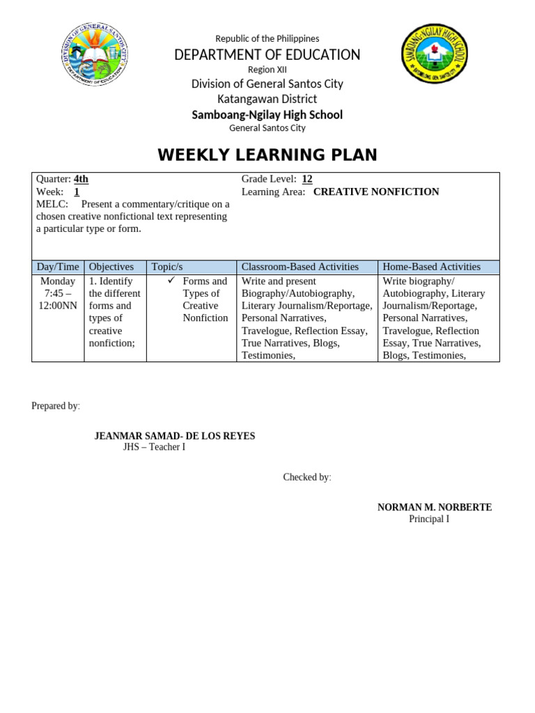 WEEKLY-LEARNING-PLAN - Creative Nonfiction w1-2 | PDF | Creative ...