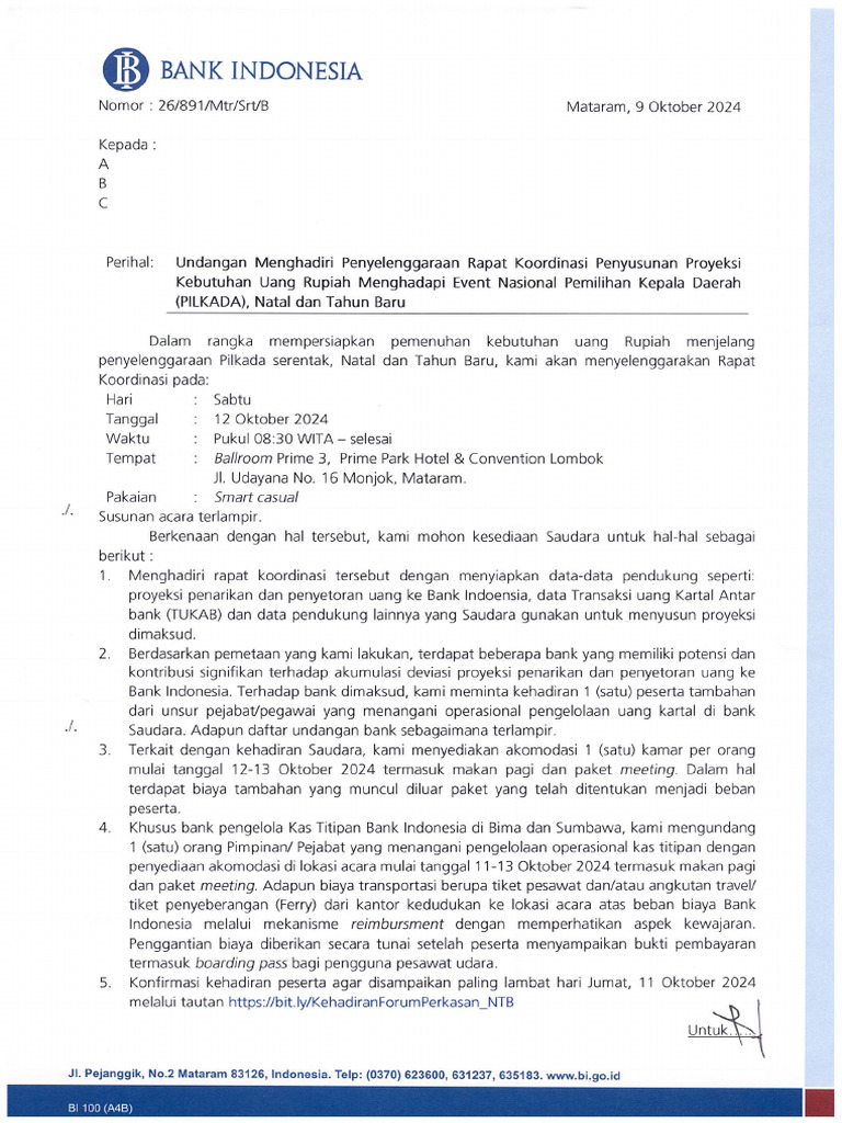 Surat Kepada Semua Bank - Undangan Rakor 12 Okt 2024 | PDF