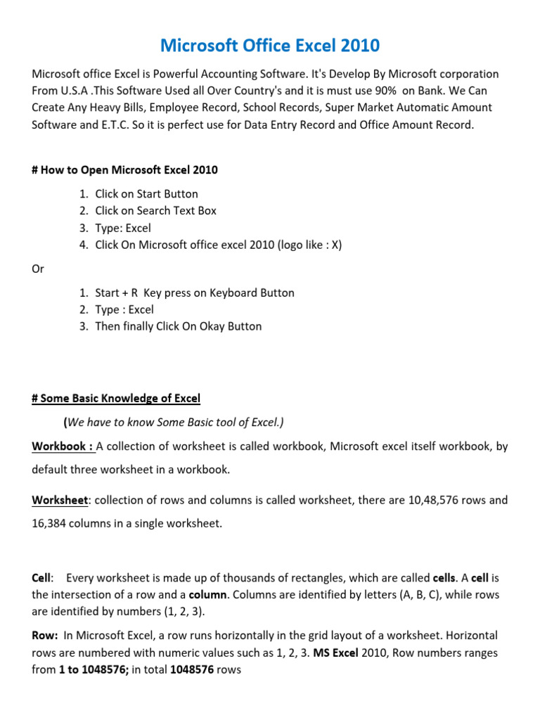 Microsoft Office Excel 2010 Pdf Microsoft Excel Worksheet