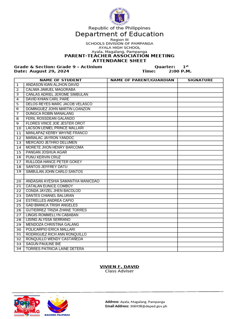 PTA Meeting Attendance Sheet | PDF