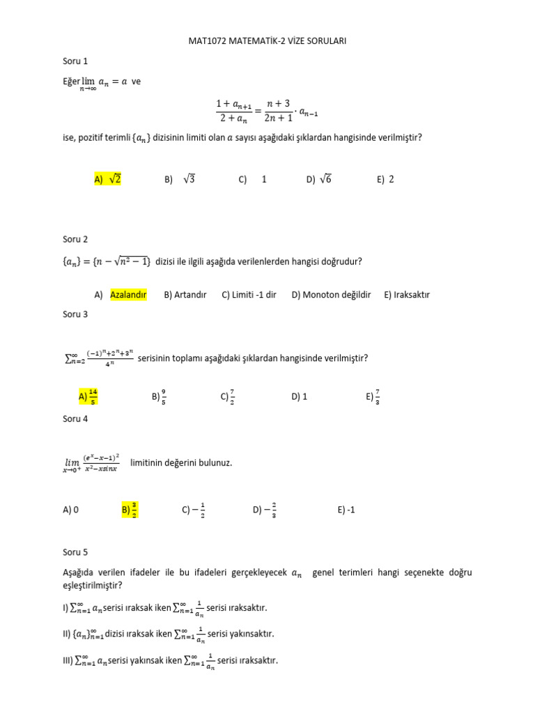 2023 Bahar MAT2 Vize-Sorular TR | PDF