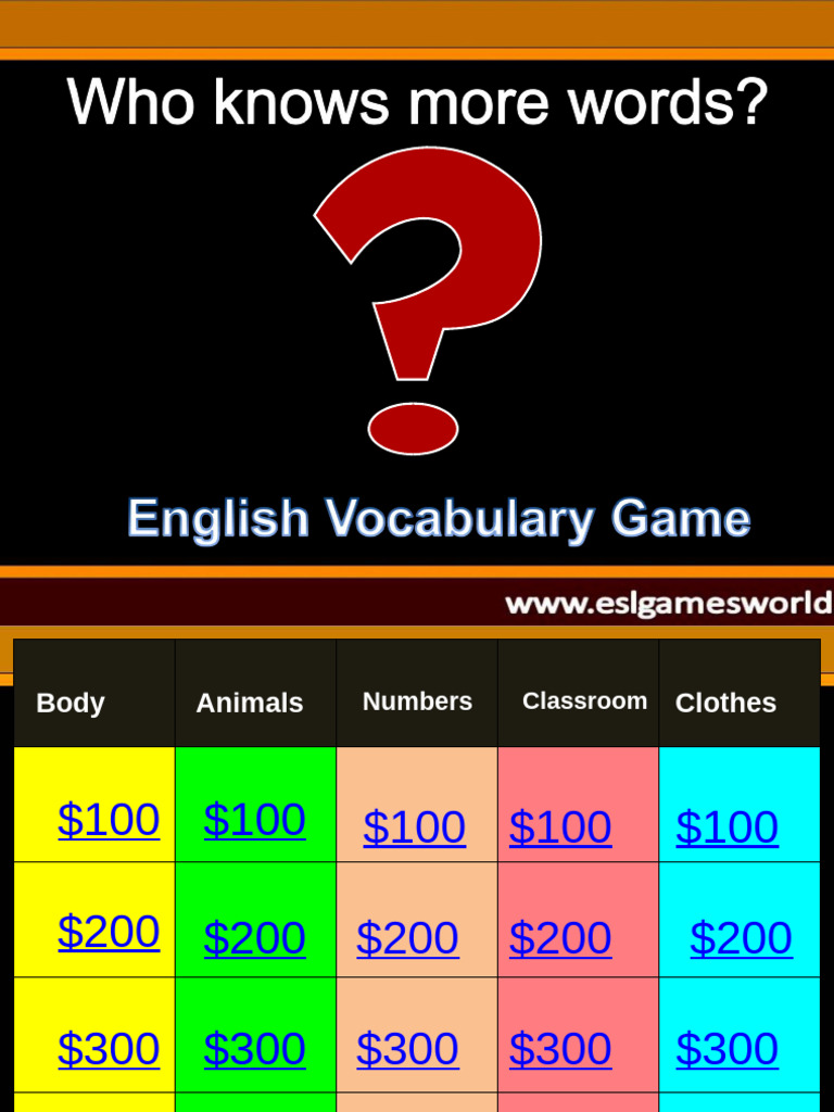 Jeopardy Game Body Animals Classroom Clothes and N Fun Activities Games ...