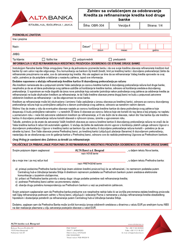 OBR 304 Zahtev Sa Ovlascenjem Za Odobravanje Kredita Za Refinansiranje Kod Druge Banke v4 | PDF