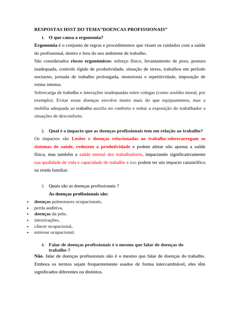 Respostas HSST, 2024 Doencas Profissionais | PDF | Epidemiologia ...