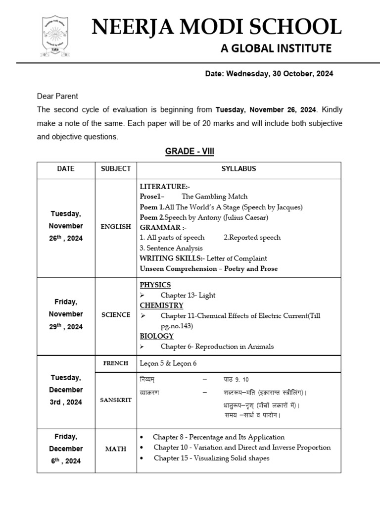 Grade VIII Exam Schedule 2024 | PDF