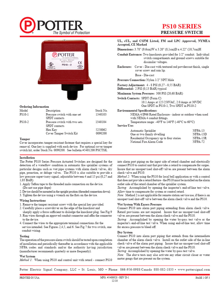 Potter PS10 Series Pressure Switch Guide | PDF | Fire Sprinkler System ...