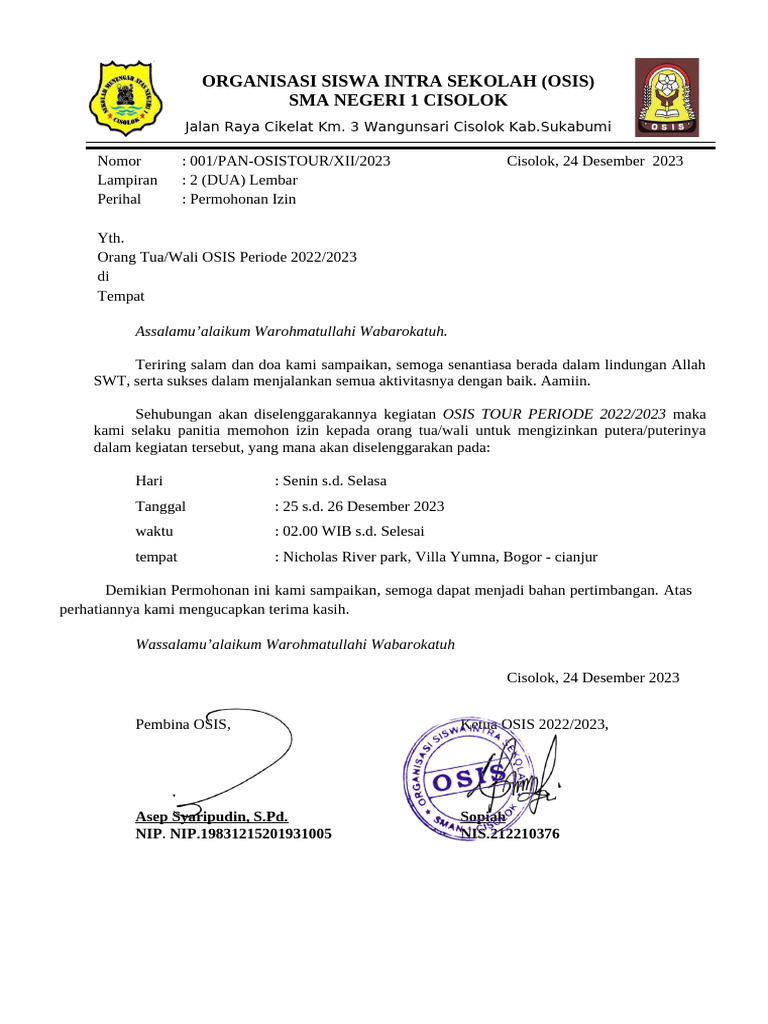 Surat Izin Osis Tour | PDF