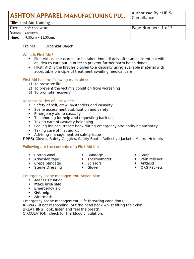 FIRST AID TRAINING | PDF | First Aid | Cardiopulmonary Resuscitation