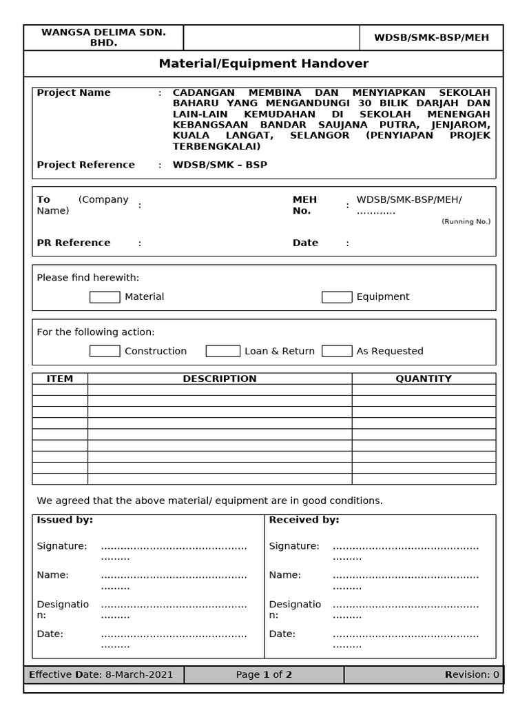 Material Handover for School Project | PDF