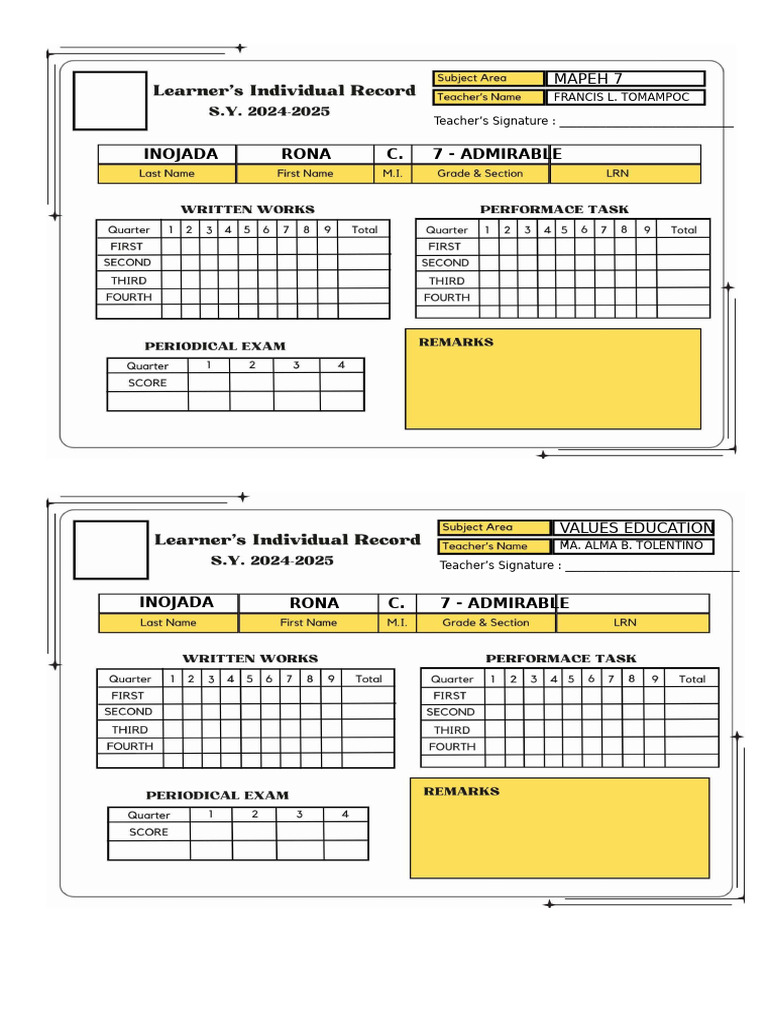 Learner's Individual Record - 2024-2025 | PDF