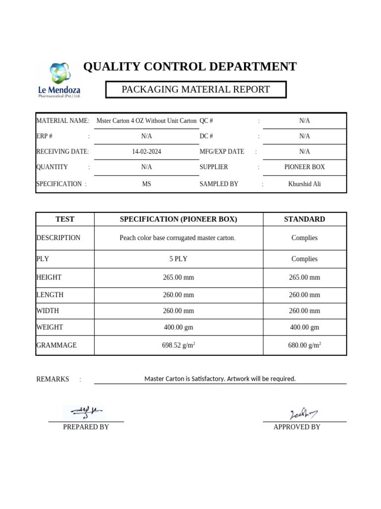 Master Carton Quality Control Report | PDF