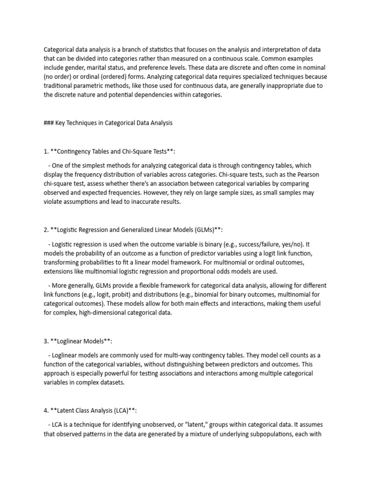 Categorical Data Analysis Is A Branch of Statistics That Focuses On The Analysis and ...