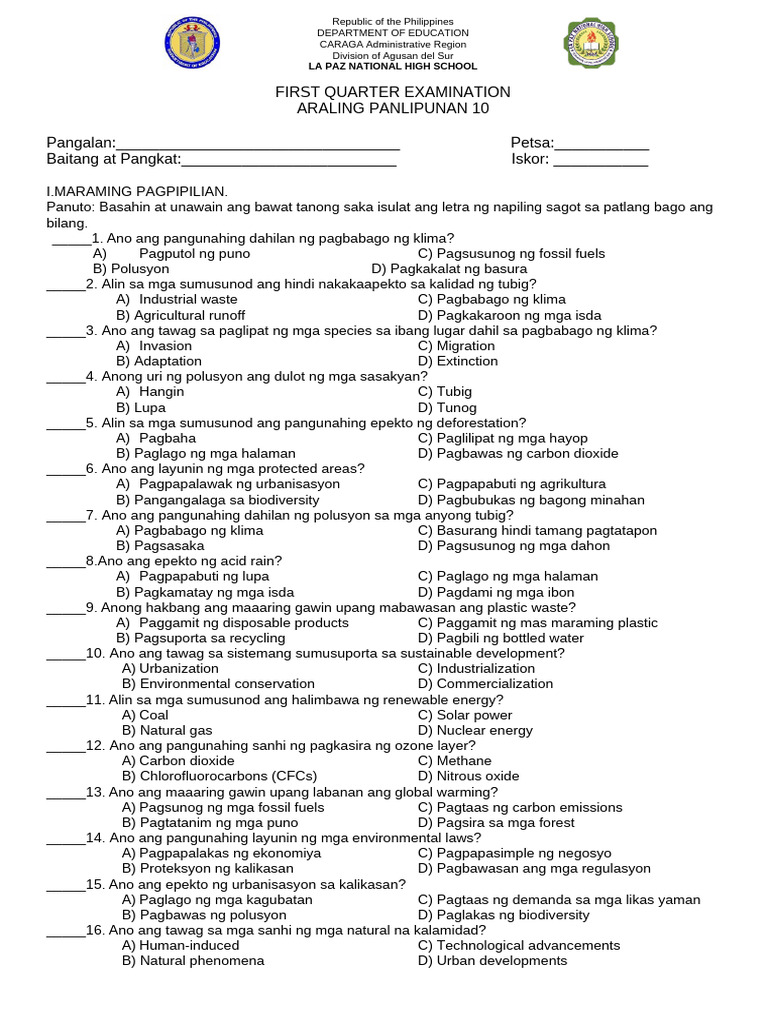 First Quarter Examination Araling Panlipunan 10 Pangalan: - Petsa: - Baitang at Pangkat: - Iskor ...