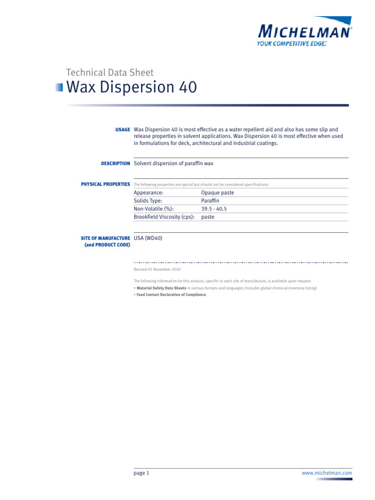 Wax Dispersion 40 Technical Data Sheet | PDF | Wax