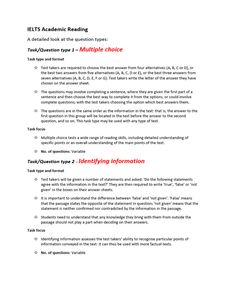 IELTS Academic Reading Question Types | PDF | International English ...