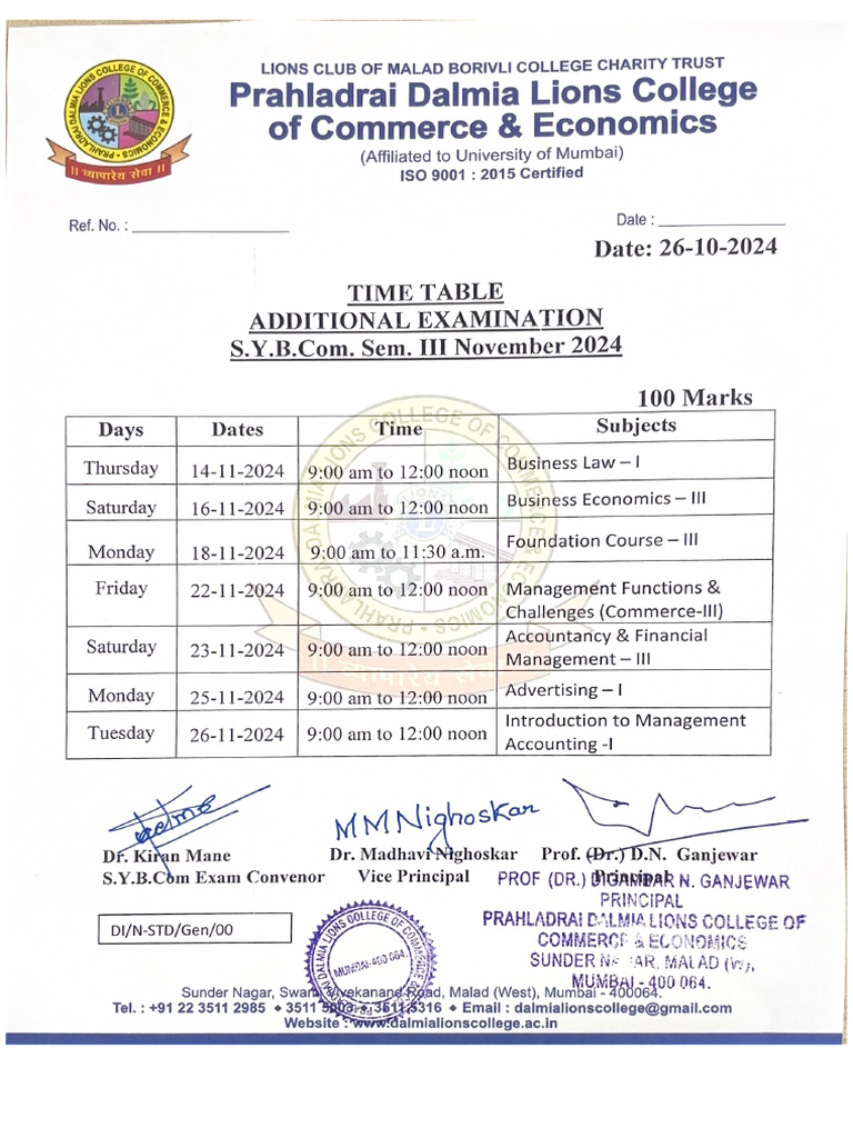 Sybcom Sem Iii Nov 2024 Additional Examination Time Table | PDF