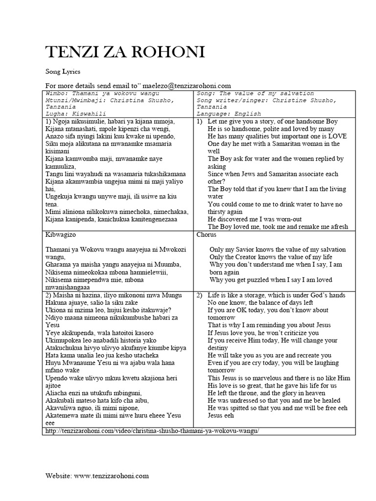 Thamani Ya Wokovu Wangu English Lyrics | PDF
