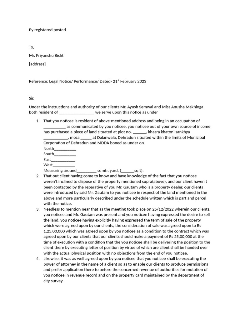 Legal Notice for Property Dispute | PDF | Consideration | Deed