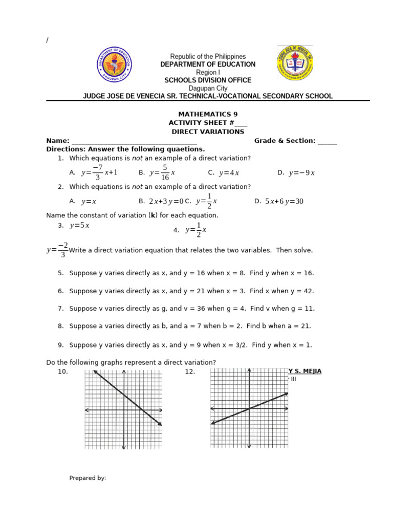 Direct Variation Worksheet Pages 1 and 2 | PDF | Variable (Mathematics ...