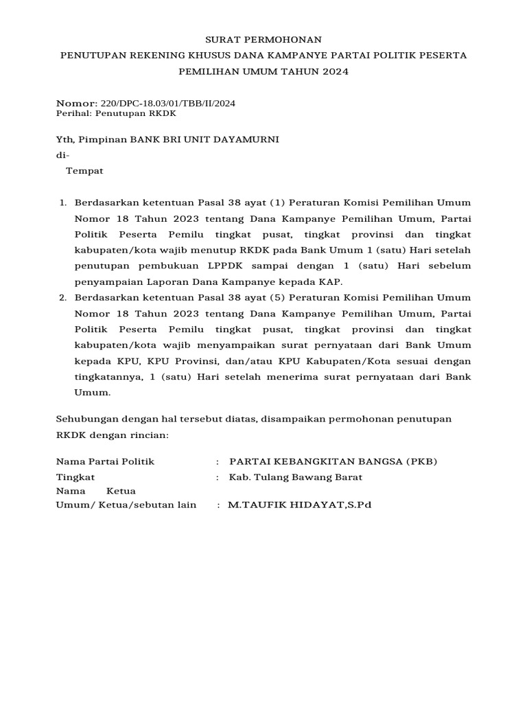 Formulir Surat Permohonan Penutupan RKDK Partai Politik | PDF