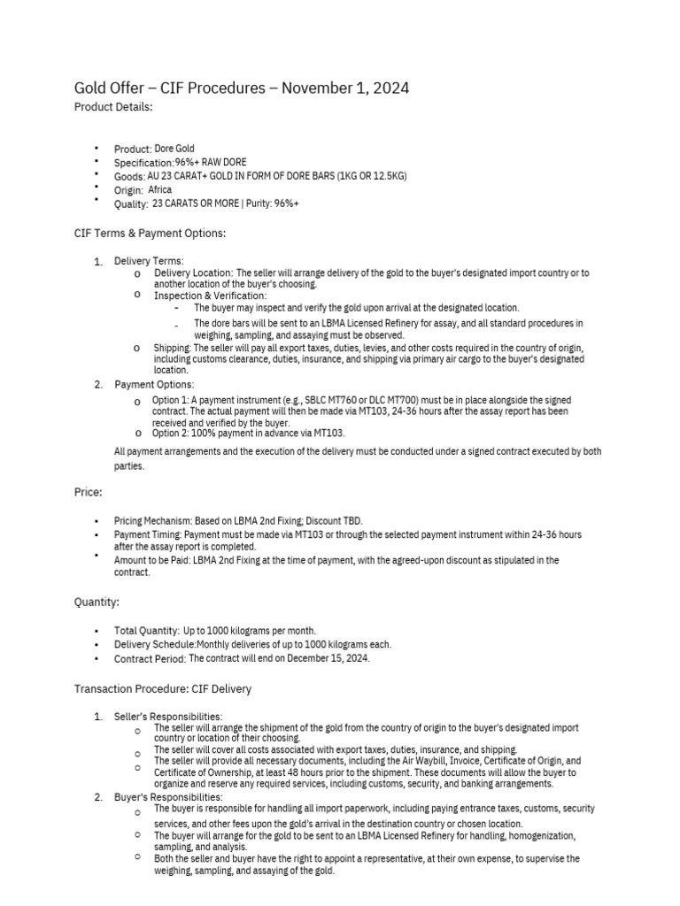 CIF Gold Purchase Procedure Guide | PDF | Business Law | Trade