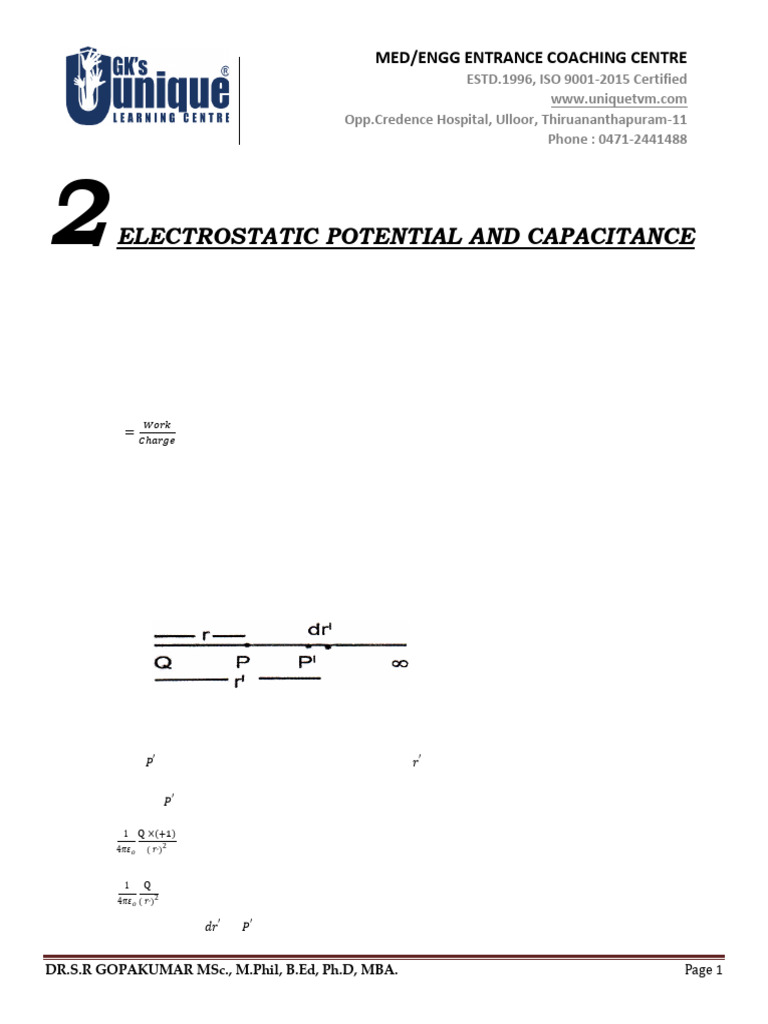 XII CHAPTER 2 Electrostatic Potential and Capacitance 2024-25 | PDF | Capacitance | Capacitor