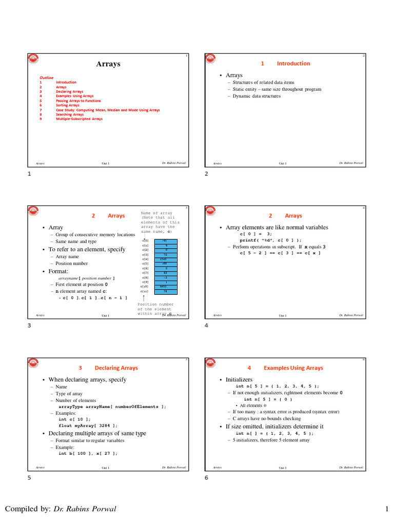 Unit I Arrays At Csjmu 6 Slides Handouts Pdf Computer Programming Computer Data