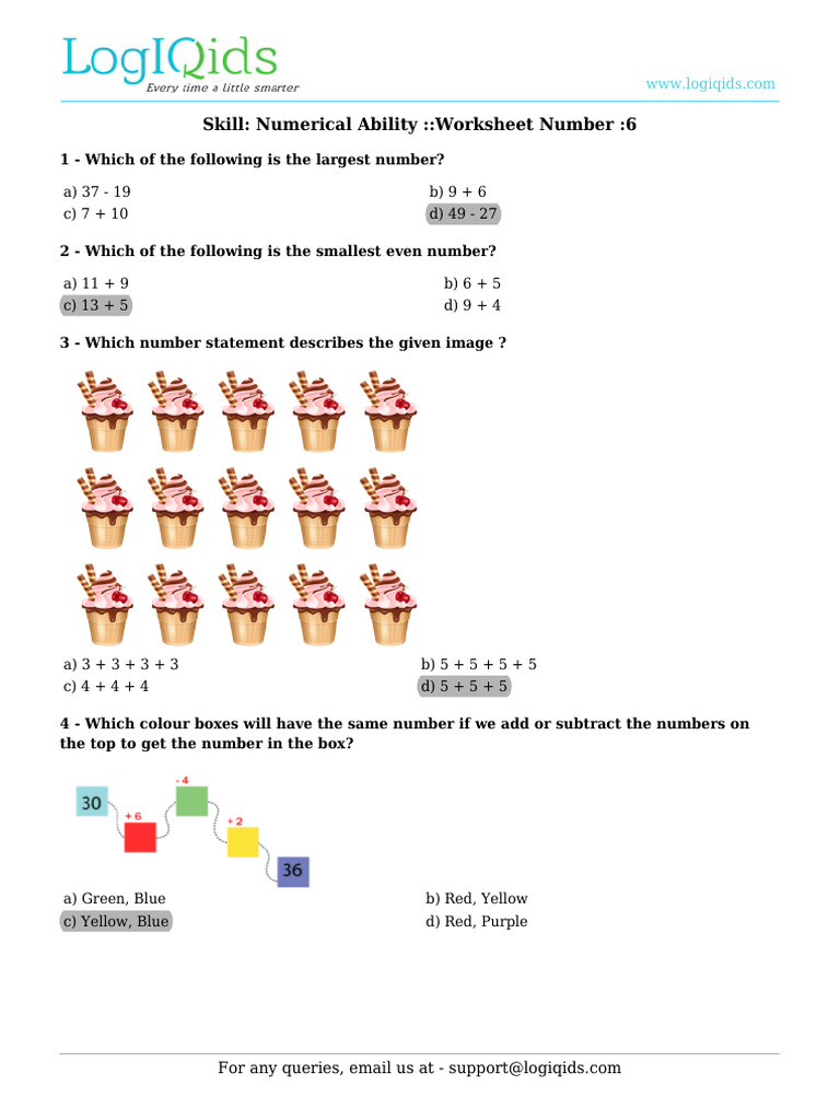 Skill: Numerical Ability::Worksheet Number:6: A) 37 - 19 B) 9 + 6 C) 7 ...