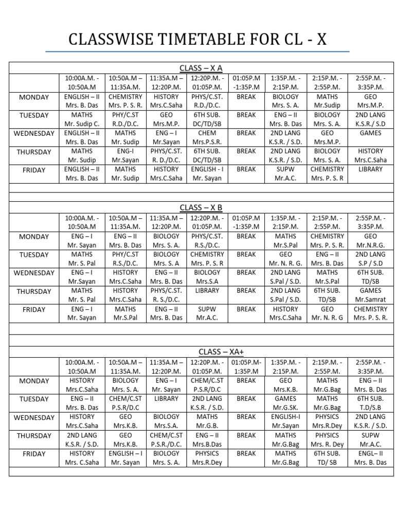 Classwise Timetable For 10 | PDF