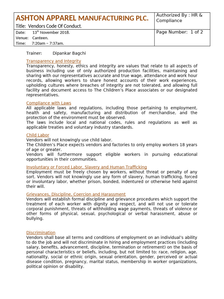 Vendor Code of Conduct Training. | PDF | Integrity | Employment
