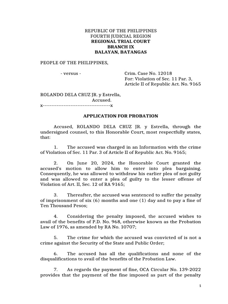 Application For Probation PP Vs Charlie Baron | PDF | Plea | Probation