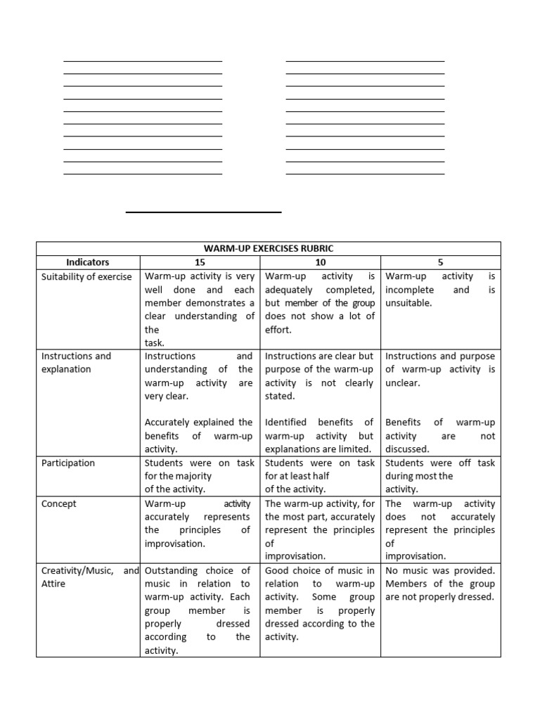 Rubrics - Warm Up Exercises | PDF