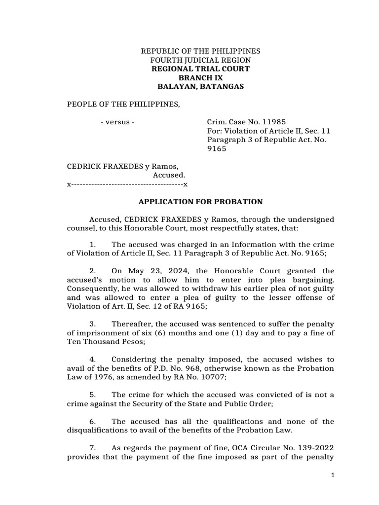 Application For Probation PP Vs Fraxedes Sec 11 | PDF | Plea | Probation