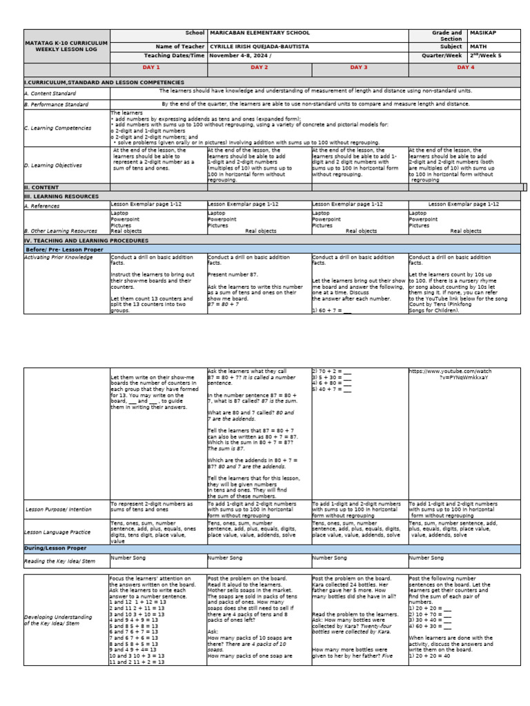 Q2 W5-DLL Math I-Matatag | PDF | Learning | Curriculum