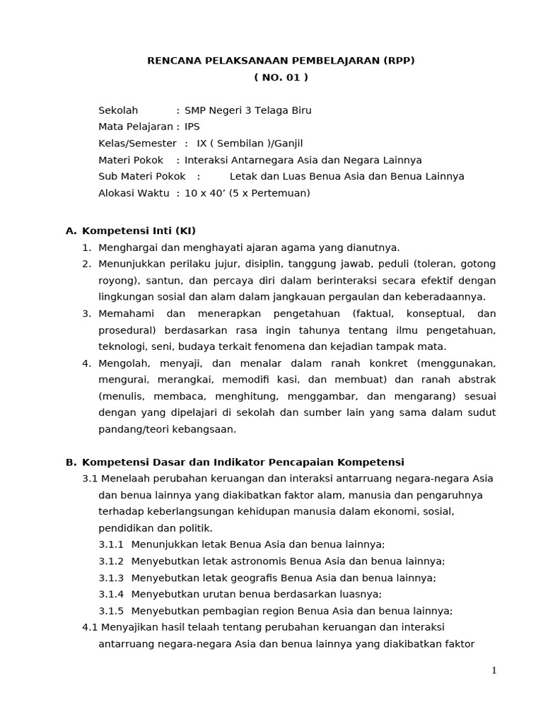 RPP No.001 K-13 IPS-IX Letak Dan Luas Benua Asia Dan Benua Lainnya | PDF | Karier & Perkembangan ...