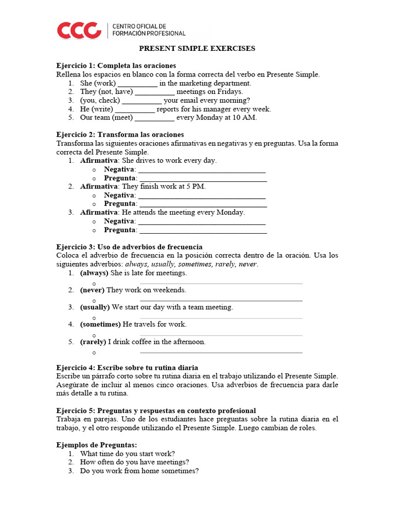 Ejercicios de Presente Simple en Inglés | PDF | Crecimiento personal y ...