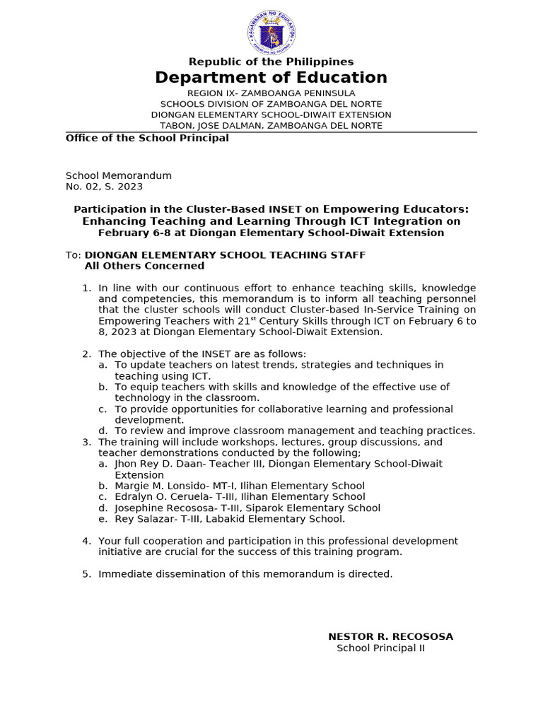 INSET Training Memo for Teachers | PDF | Teachers | Behavior Modification