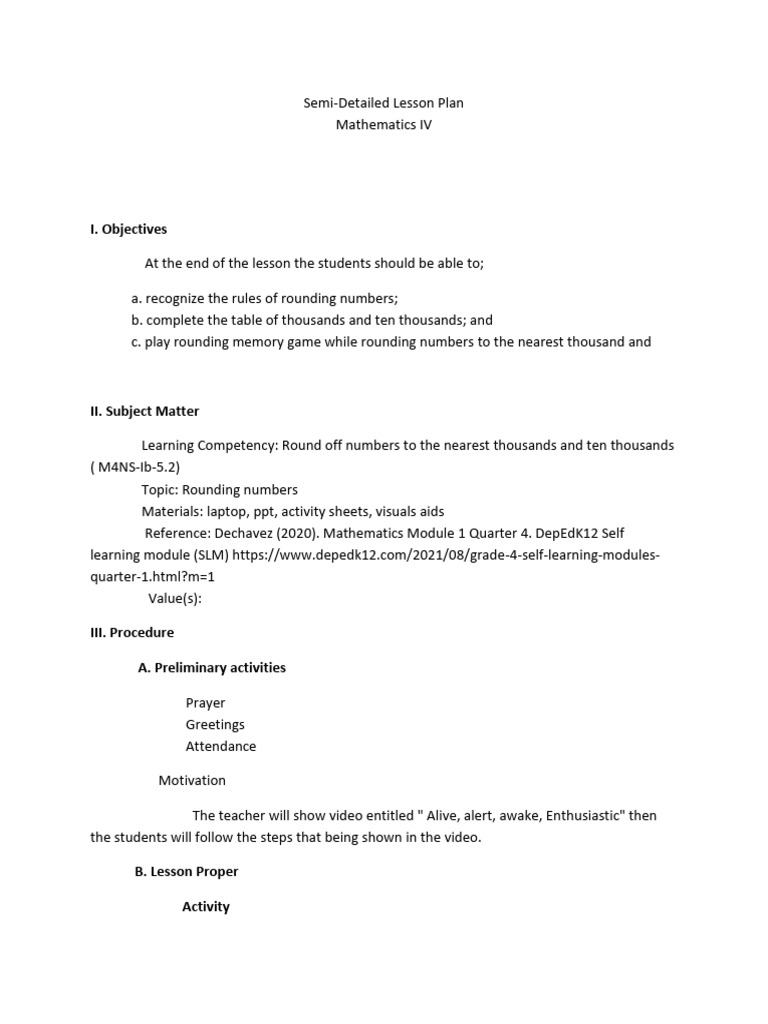 Rounding Numbers Lesson Plan for Grade 4 | PDF | Learning | Cognition