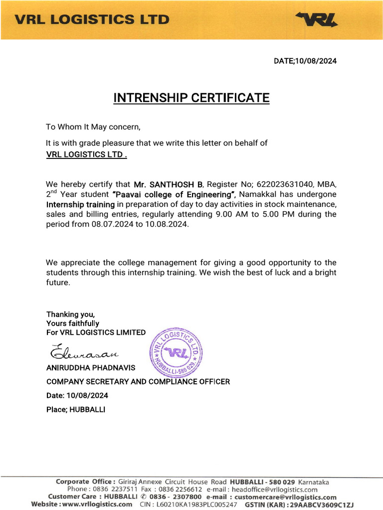 Santhosh VRL Certificate | PDF | Finance & Money Management