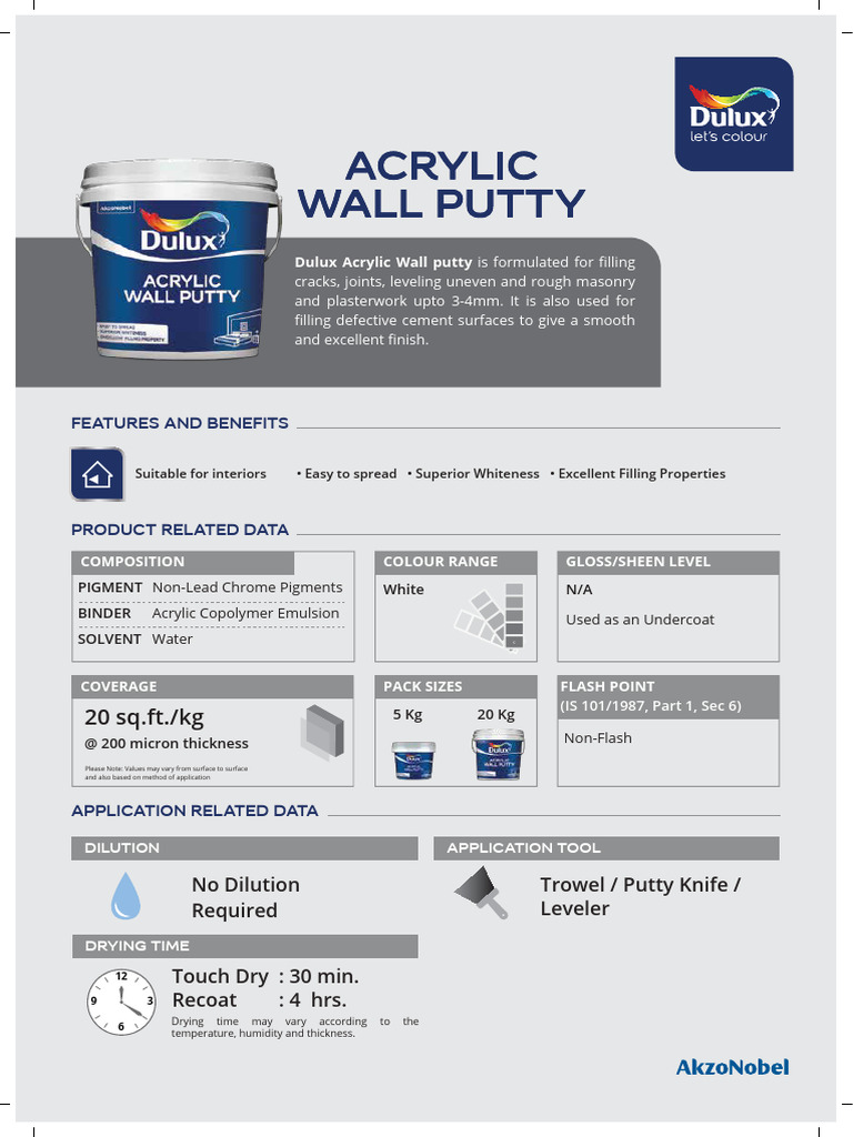 Dulux Acrylic Wall Putty Overview | PDF | Acrylic Paint | Materials