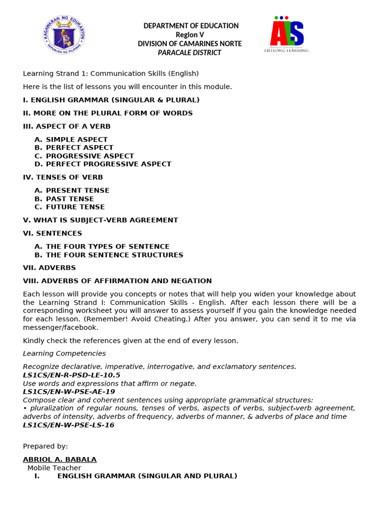 Learning Strand I Grammar Worksheets 1 | PDF | Perfect (Grammar ...