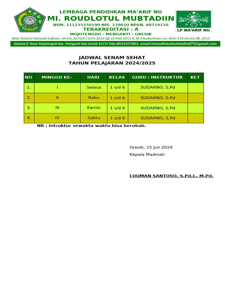 Jadwal Senam Sehat | PDF