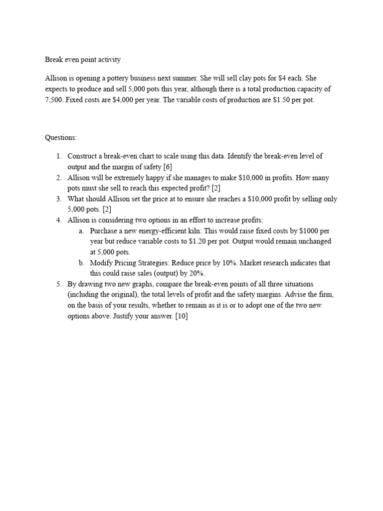 Break-Even Analysis for Pottery Business | PDF
